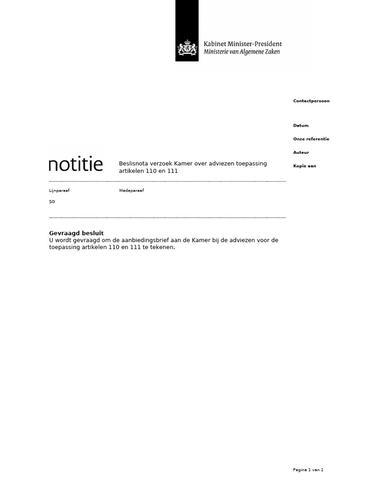 Beslisnota Bij Reactie Op Verzoek Kamer Over Adviezen Inzake de ...