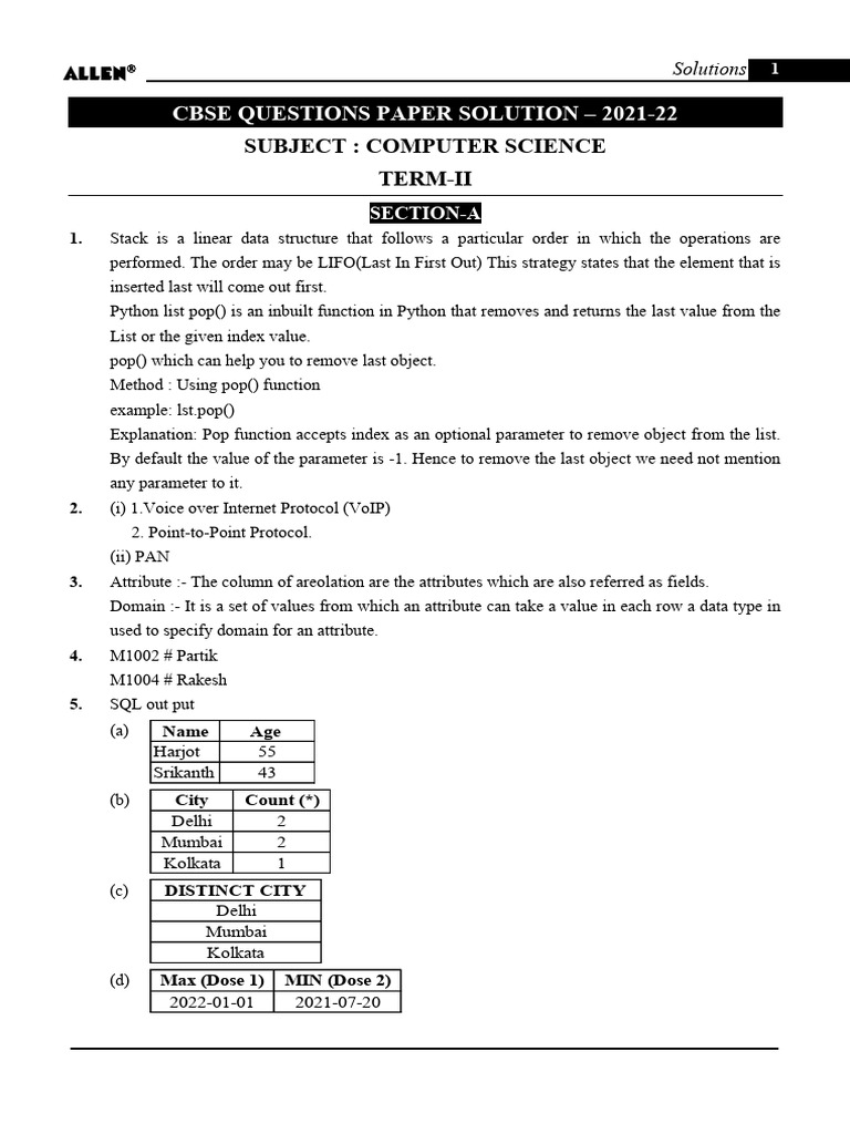 Computer Science Set 1 2022 Solution | PDF Computer Science Set 1 2022 Solution | PDF