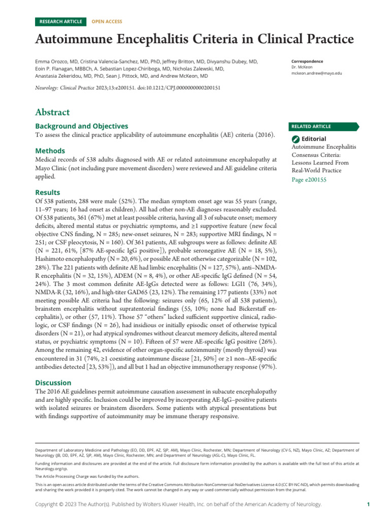 Autoimmune Encephalitis Criteria in Clinical Practice | PDF
