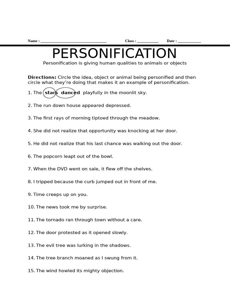 Class Worksheet 40 - Personification | PDF