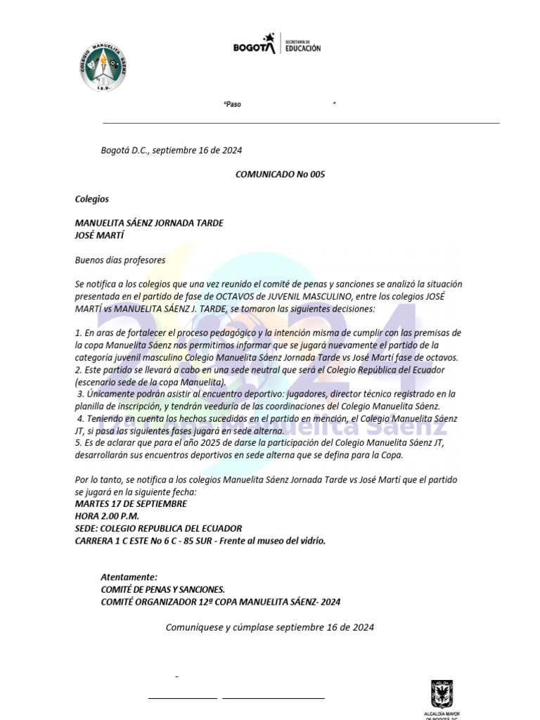 Comunicado 005 - 16 Sep. | PDF