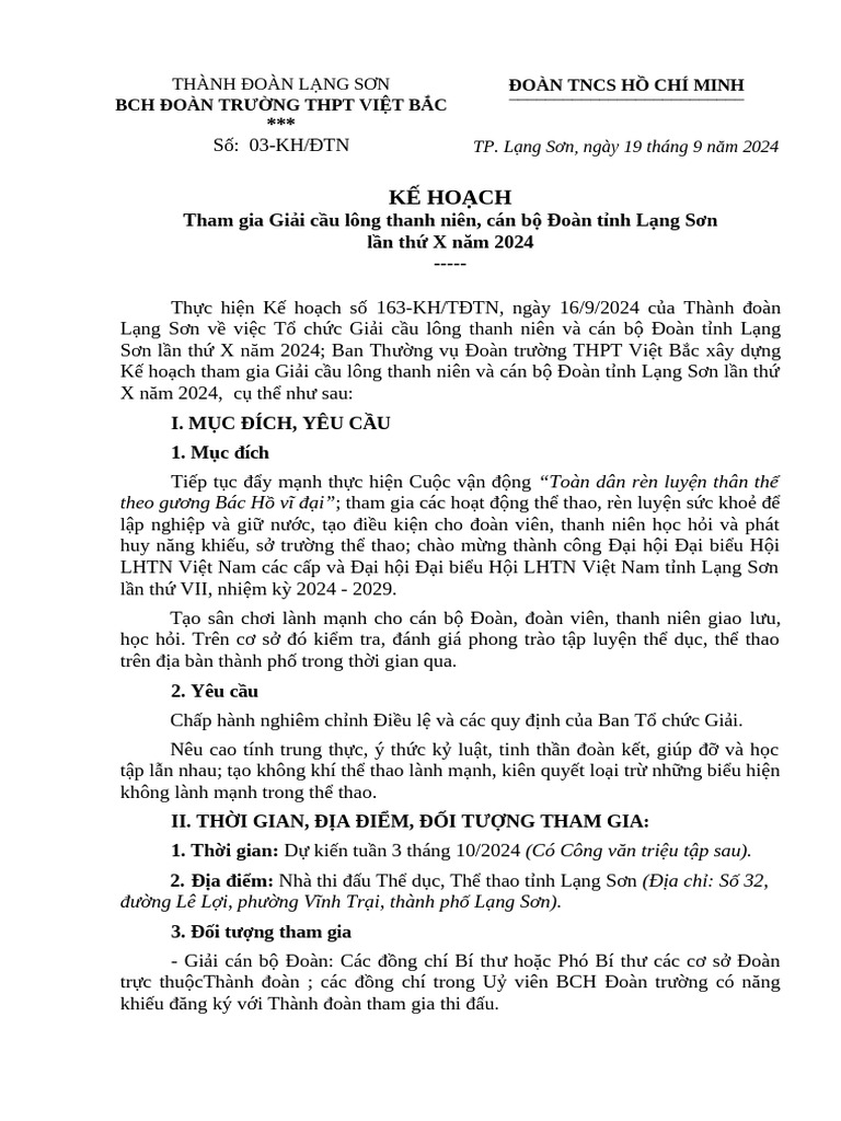 KH 03 - Tham Gia Giai Cau Long Thanh Nien Tinh Lang Son Lan Thu X Nam 2024 (DX) | PDF