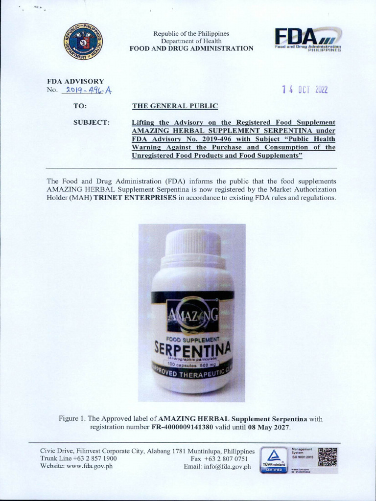 FDA Advisory No.2019 496 | PDF