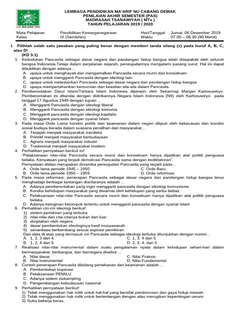 SOAL PAS PPKN 9(1) | PDF