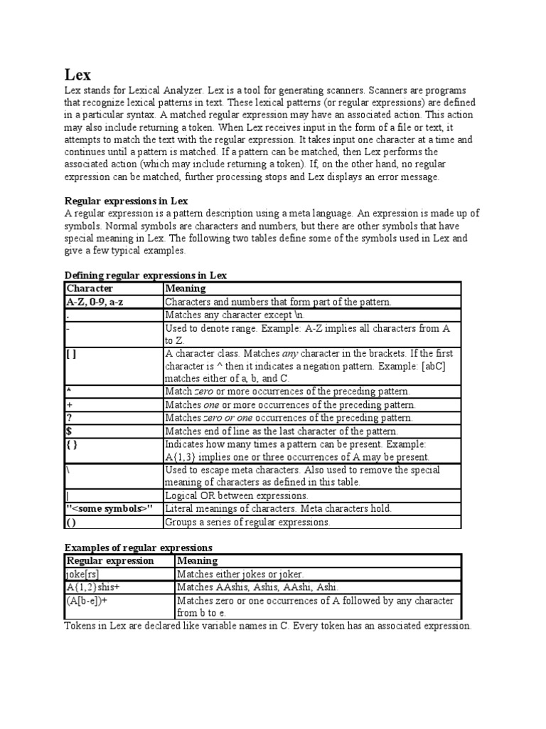 Lex and Yacc | PDF | Regular Expression | C (Programming Language) Lex and Yacc | PDF | Regular Expression | C (Programming Language)