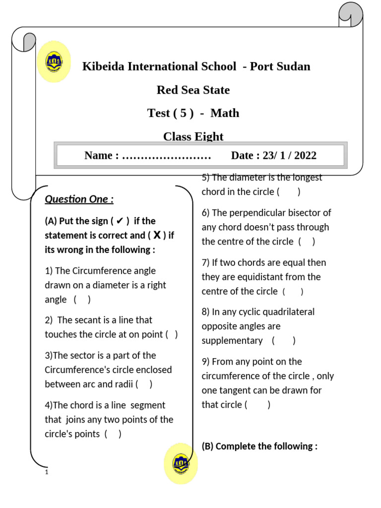 Test Circle Grade 8 | PDF | Circle | Perpendicular