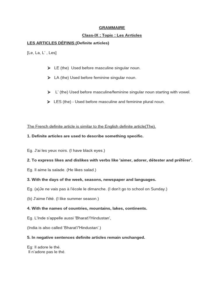 Les Articles Definis Et Indefinis | PDF