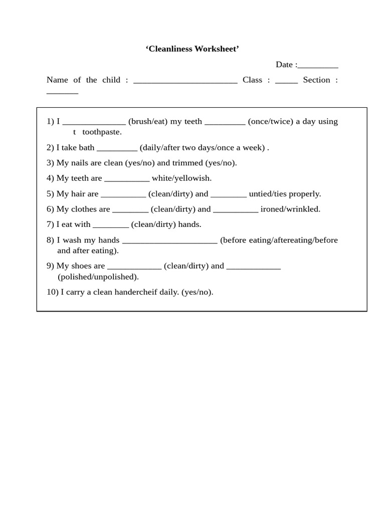 Cleanliness Worksheet | PDF