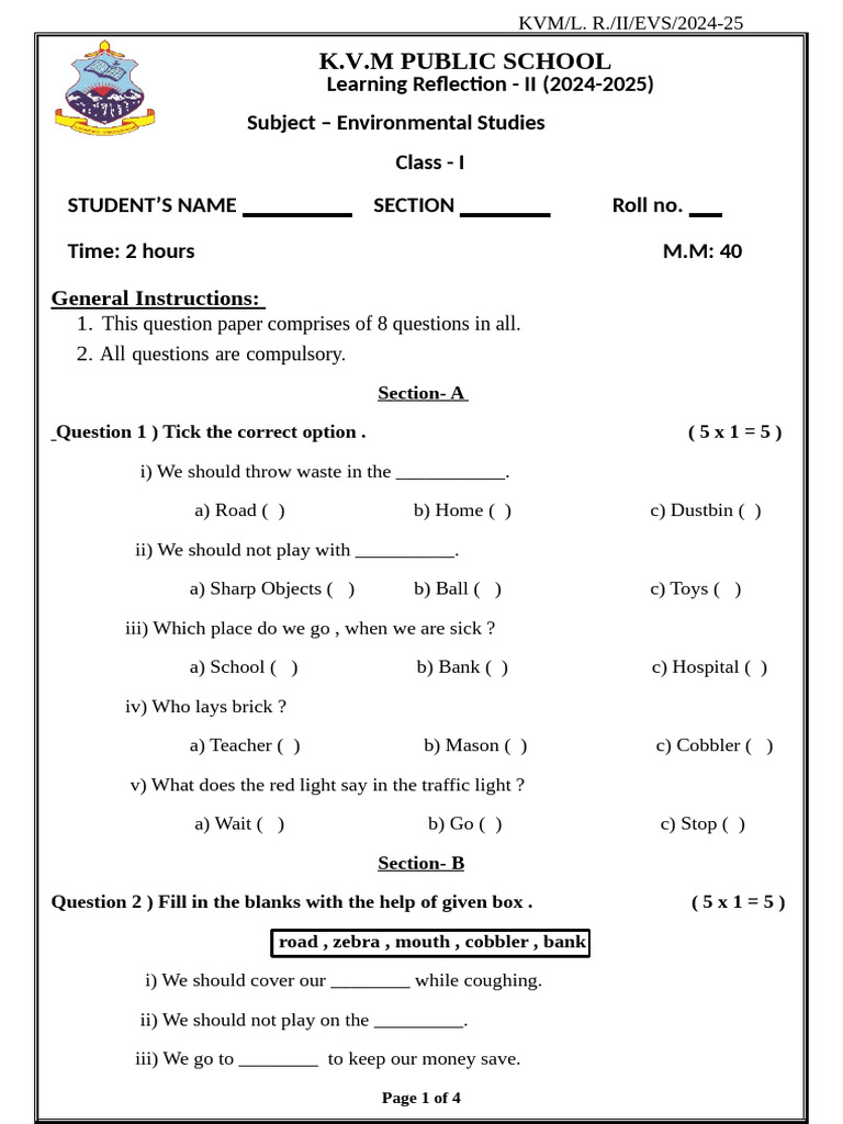 Class 1 Paper Evs LL 2 | PDF