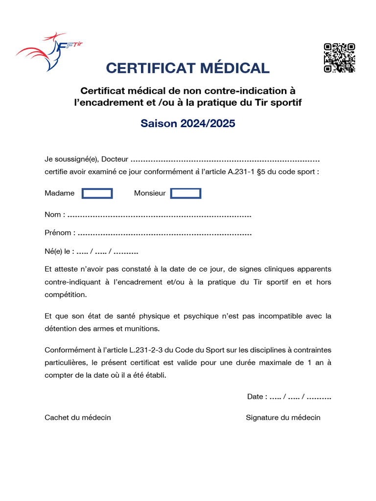 Modèle FFTir de Certificat Médical 2024 - 2025 | PDF