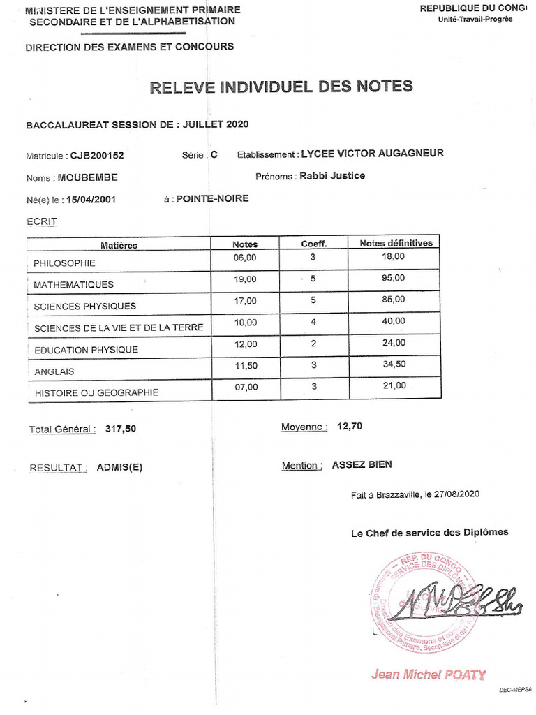 Relevé de Note BAC | PDF