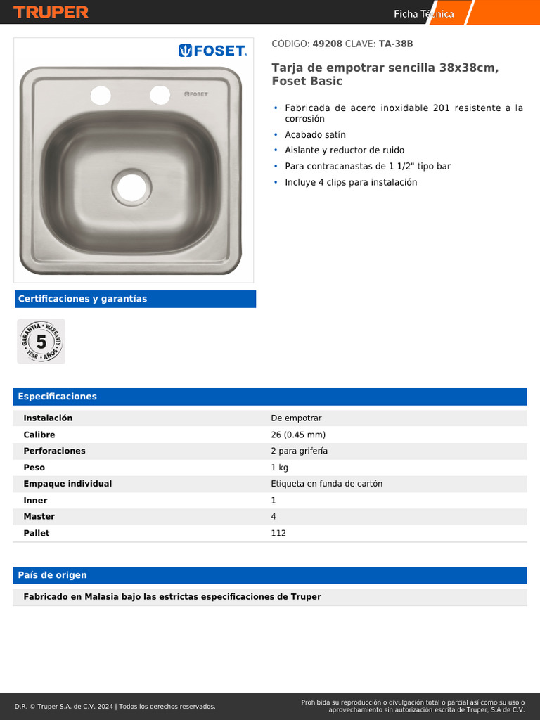 Tarja de Empotrar Sencilla 38x38cm, Foset Basic | PDF