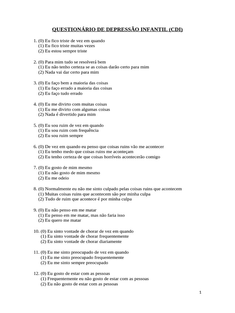QUESTIONÁRIO DE DEPRESSÃO INFANTIL (CDI) | PDF