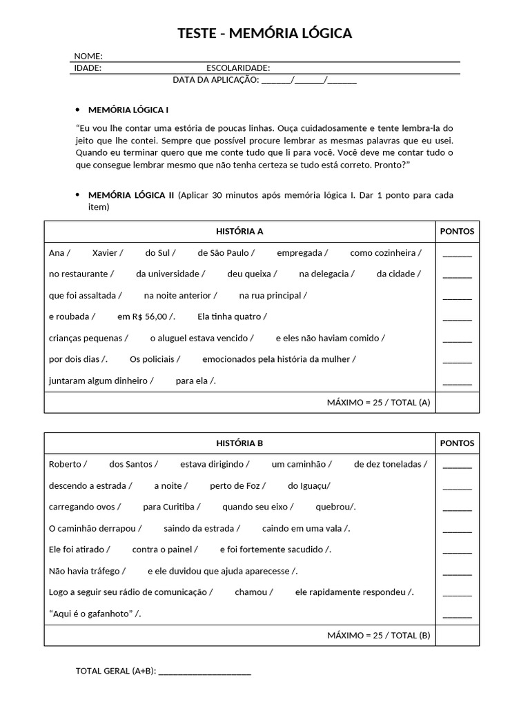 Teste Memória Lógica | PDF