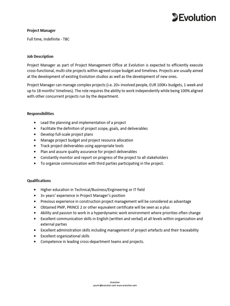 Evolution - JD - Project Manager (003) - 1 | PDF