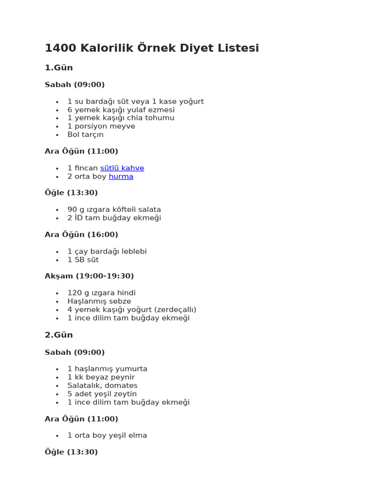 1400 Kalorilik Örnek Diyet Listesi | PDF