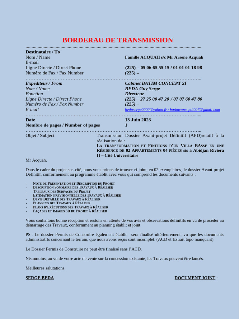 Bordereau de Transmission Dossier APD - 13 06 2023 | PDF