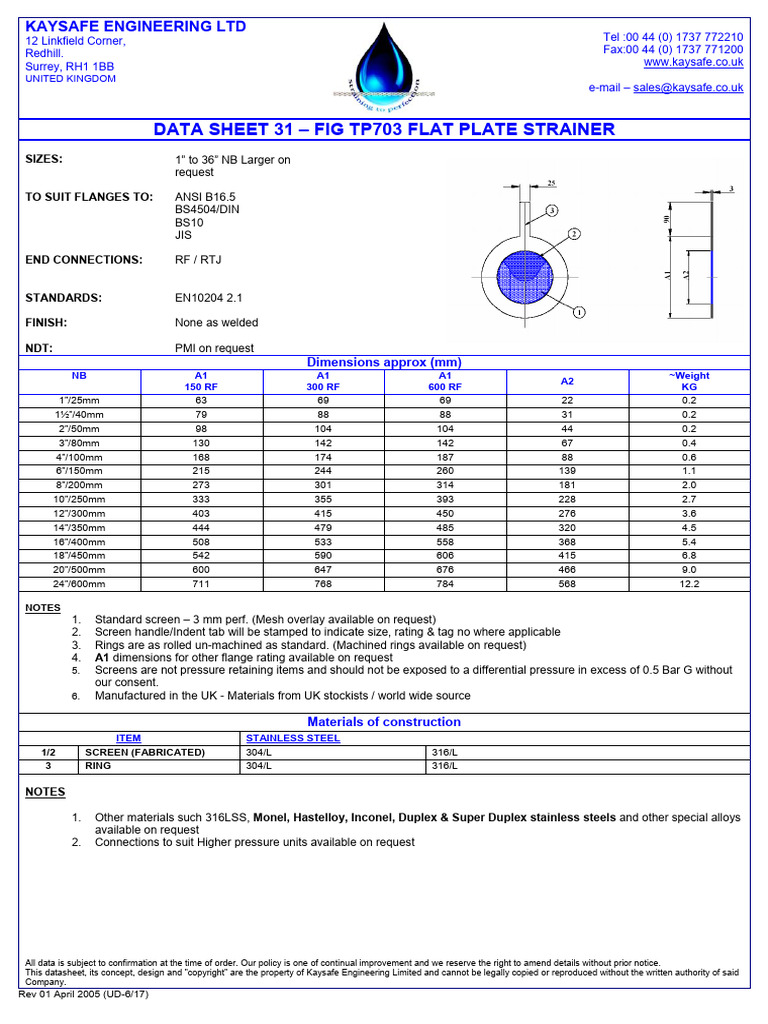 Kaysafe Engineering - Data Sheet 31 - Fig Tp703 Flat Plate Strainer ...