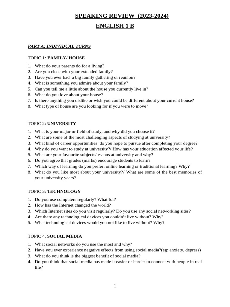 SPEAKING REVIEW - ENGLISH 1B - 2024 - Nguyet NTM | PDF