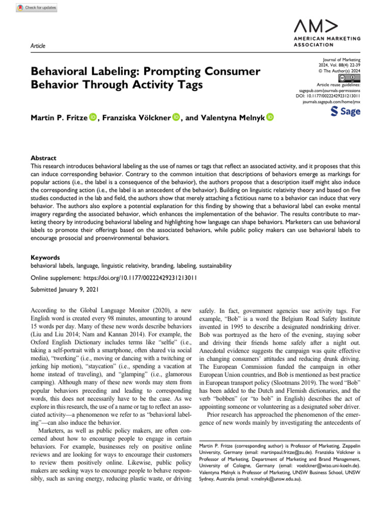 Fritze Et Al 2024 Behavioral Labeling Prompting Consumer Behavior Through Activity Tags | PDF