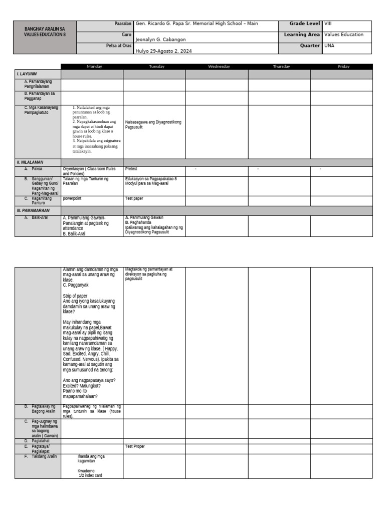 DLL Valueseducation8 | PDF