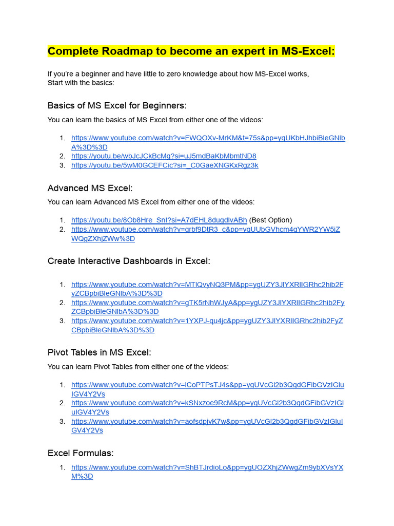 Complete Roadmap To Become An Expert in MS-Excel | PDF
