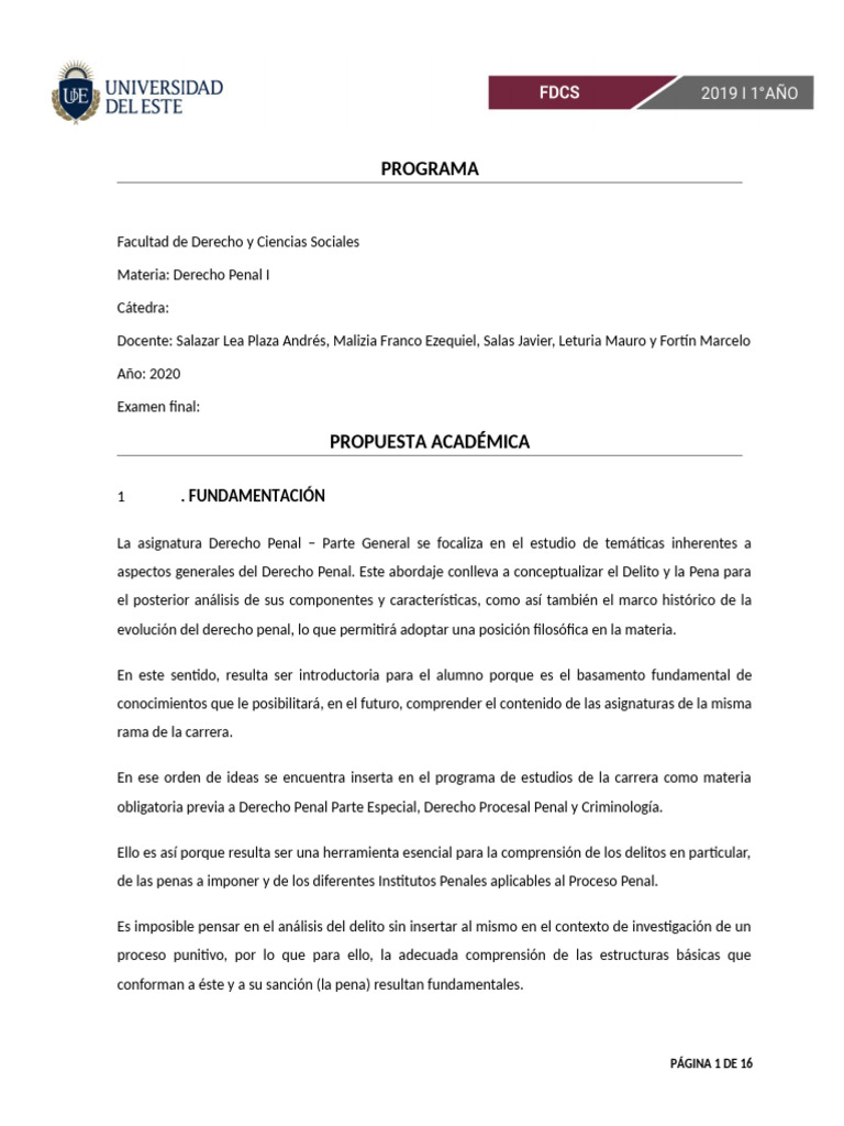 Programa - DERECHO Penal UDE | PDF