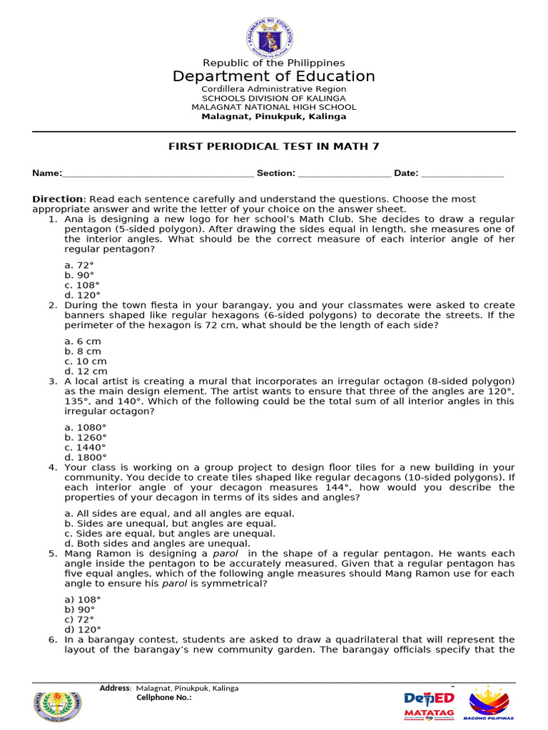 Grade 7 Q1-Math Exam | PDF