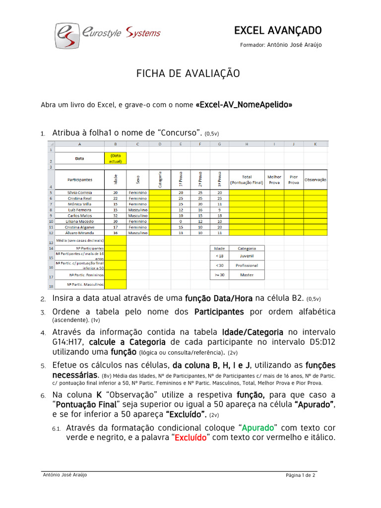 EXCEL AV Ficha Avaliacao | PDF