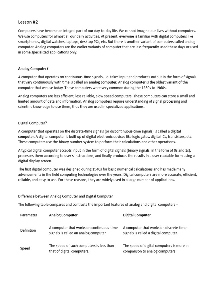 Lesson 2 Analog and Digital Computers | PDF Lesson 2 Analog and Digital Computers | PDF