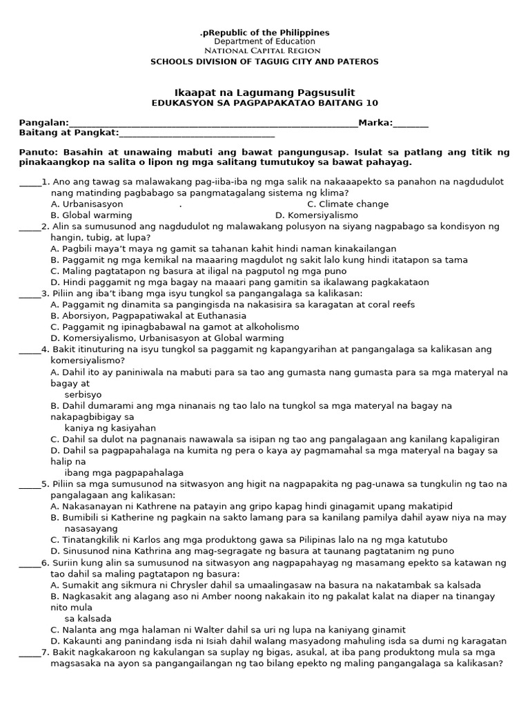 Q4 Esp 10 Markahang Pagsusulit | PDF