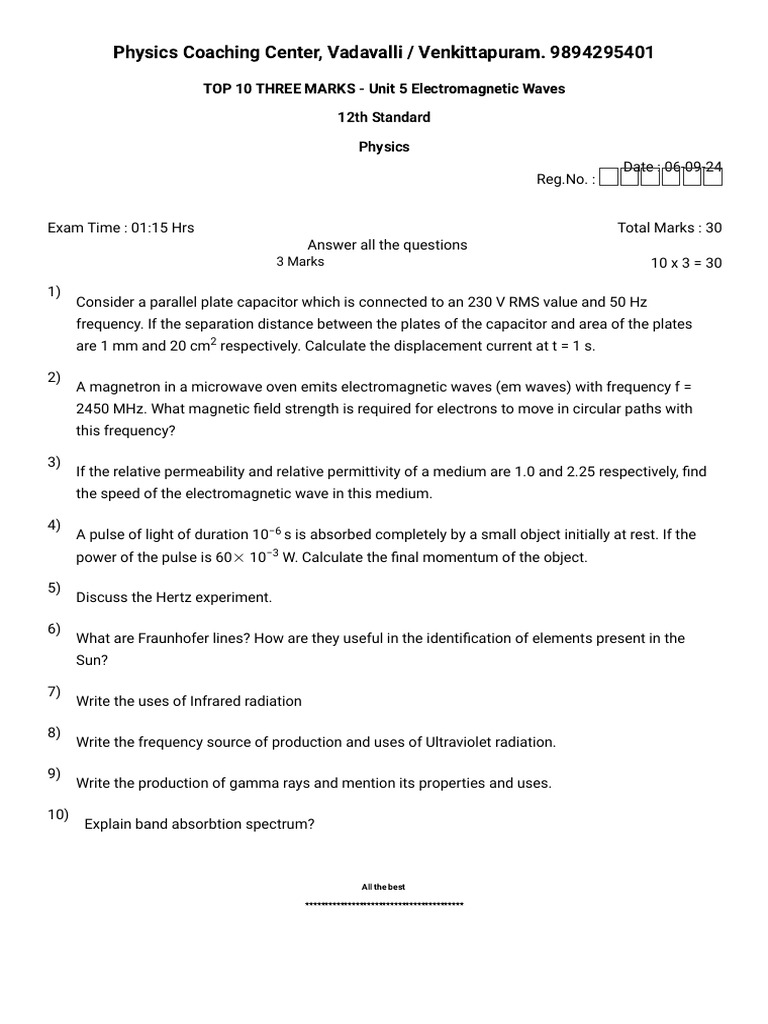 SKN Class 12 Physics Unit 5 Electromagnetic Waves TOP 10 THREE MARKS | PDF