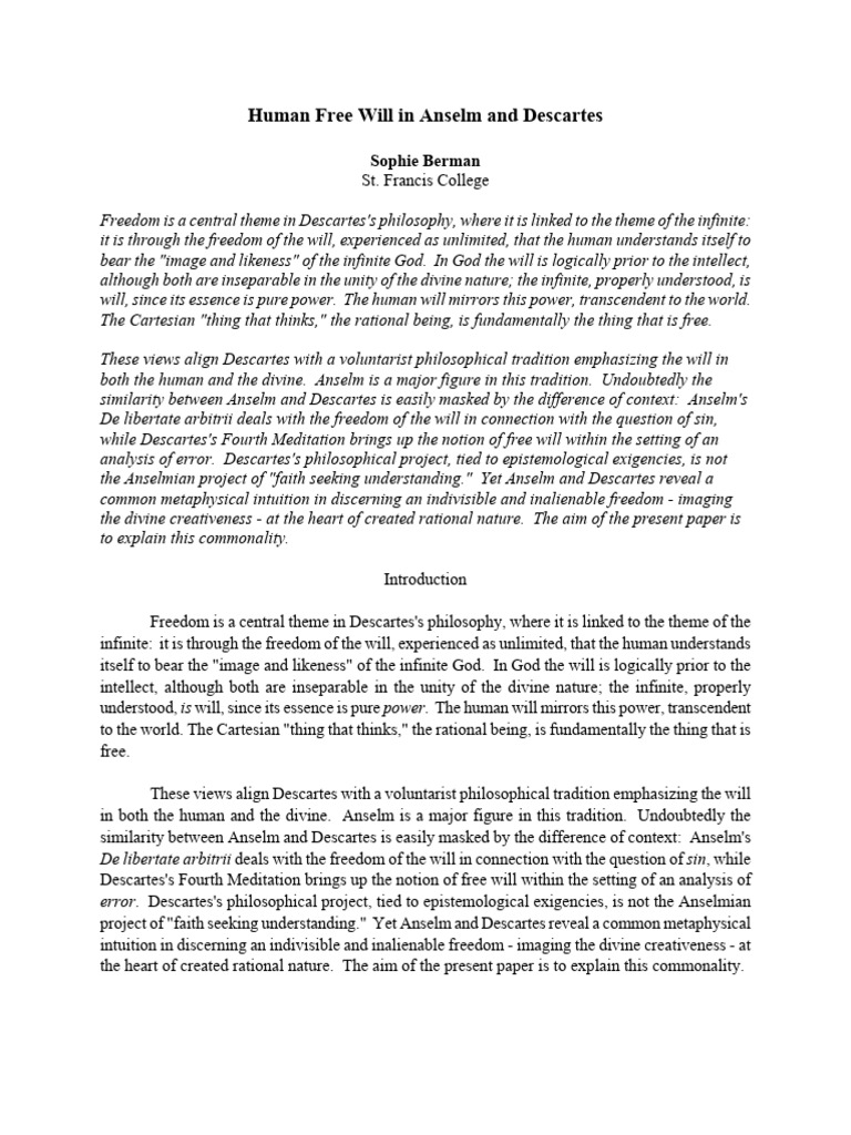 Human Free Will in Anselm and Descartes | PDF