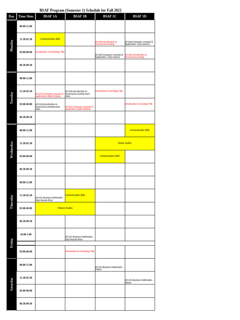 BSAF Program Classes Schedule For Fall 2024 | PDF