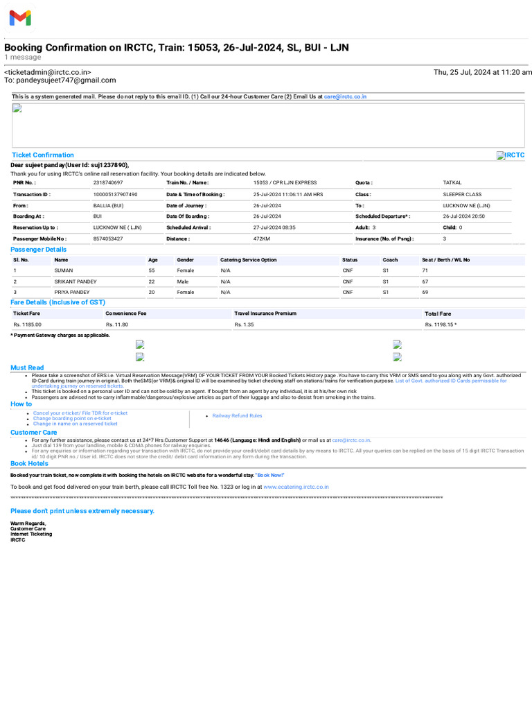 Booking Confirmation On IRCTC, Train: 15053, 26-Jul-2024, SL, BUI - LJN ...