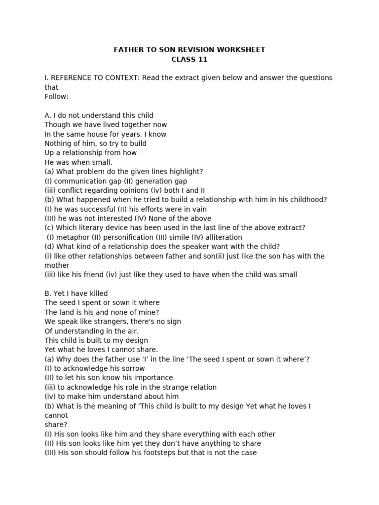 Father To Son Revison Worksheet | PDF