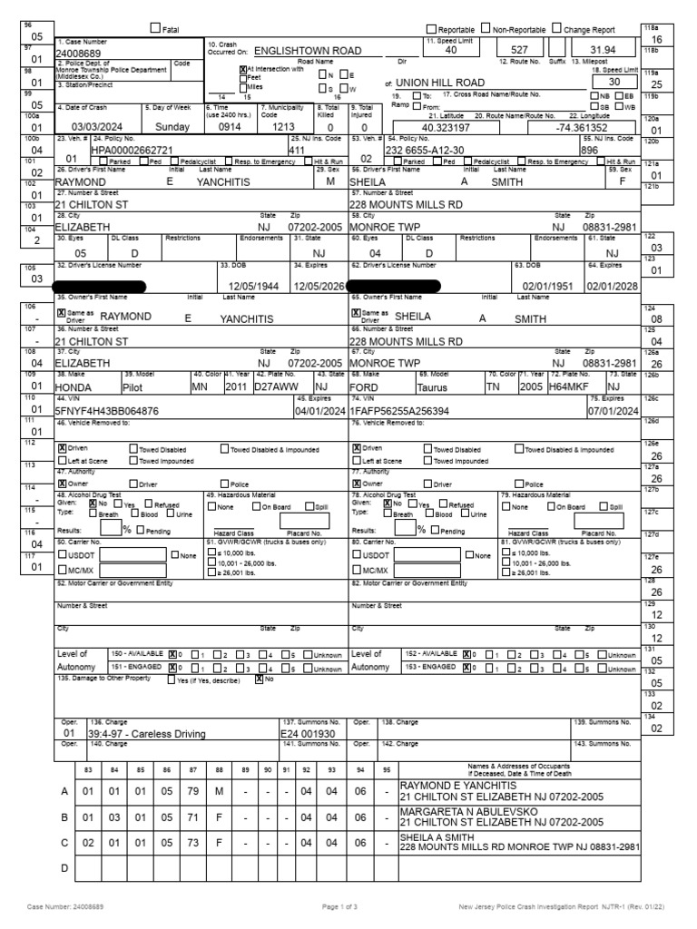 New Jersey Police Crash Investigation Report: Fatal Reportable Non ...