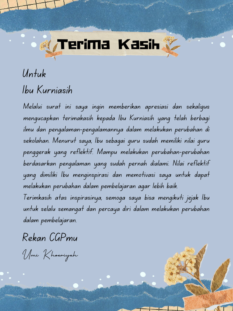 Surat Apresiasi Dan Terima Kasih Kepada Rekan CGP - Umi Khoeriyah | PDF