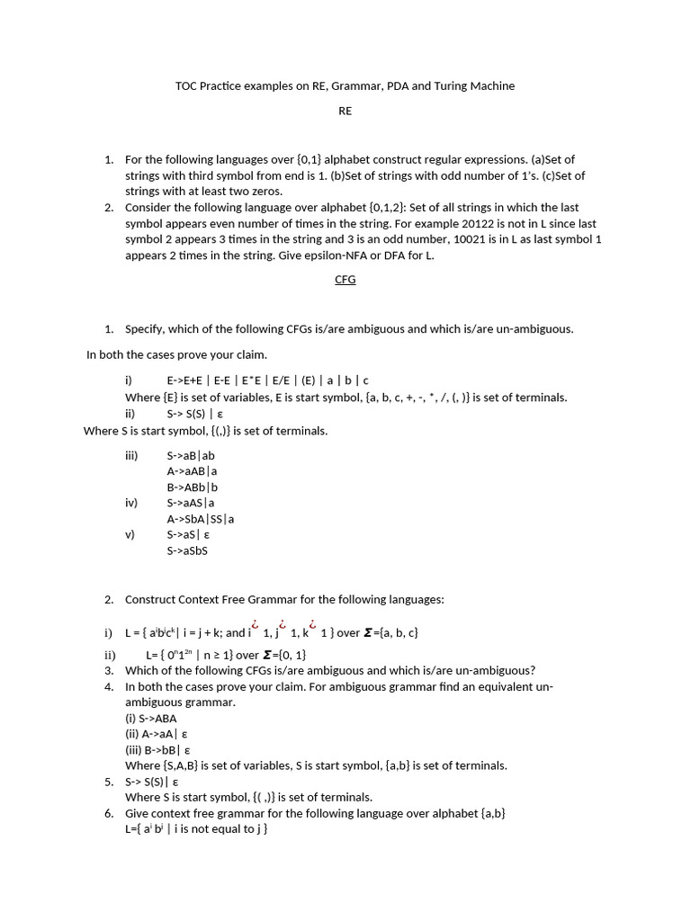 TOC Practice Examples On RE, Grammar, PDA and TM | PDF