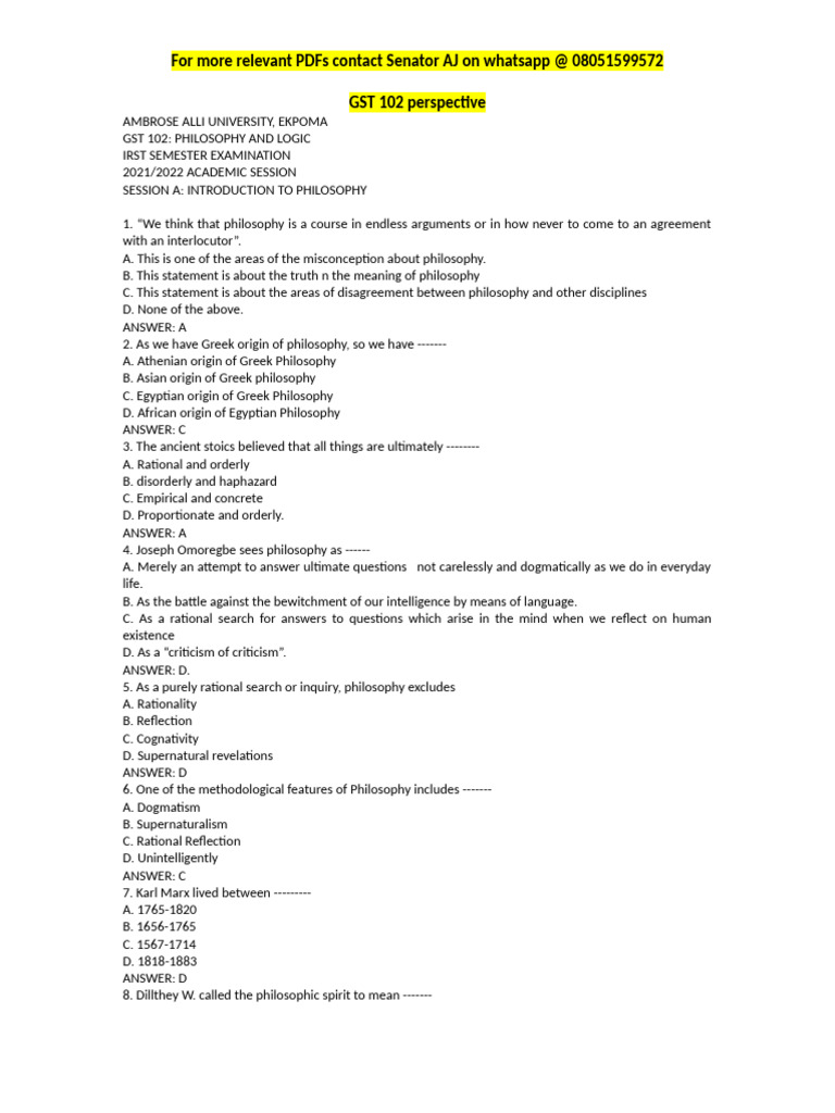 GST 102 Philosophy and Logic Exam Guide | PDF | Metaphysics | Materialism