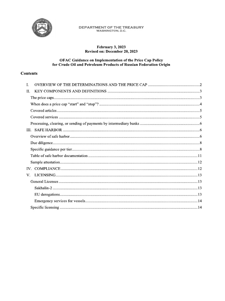 OFAC Guidance On Implementation of The Price Cap Policy | PDF
