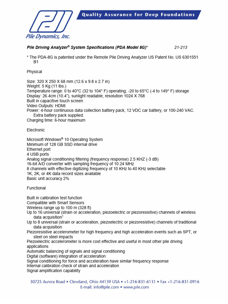 PDA 8G - Technical Spec Sheet | PDF