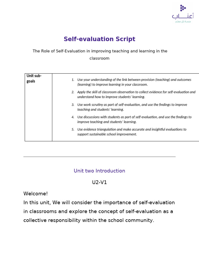 Self-Evaluation Script Unit 2 | PDF | Learning | Teachers