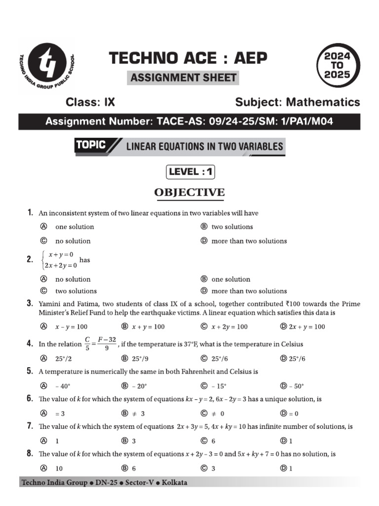 Chapter 04 Linear Equations (Ass L 1) IX (Math) | PDF