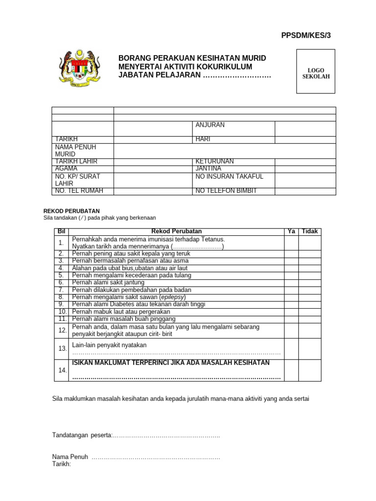 BORANG KESIHATAN MURID | PDF