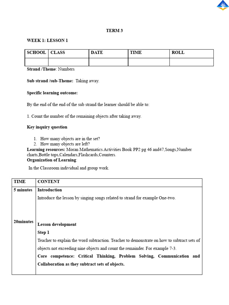 Pre Primary 2 Mathematics Activities Lesson Plans Term 3 | PDF