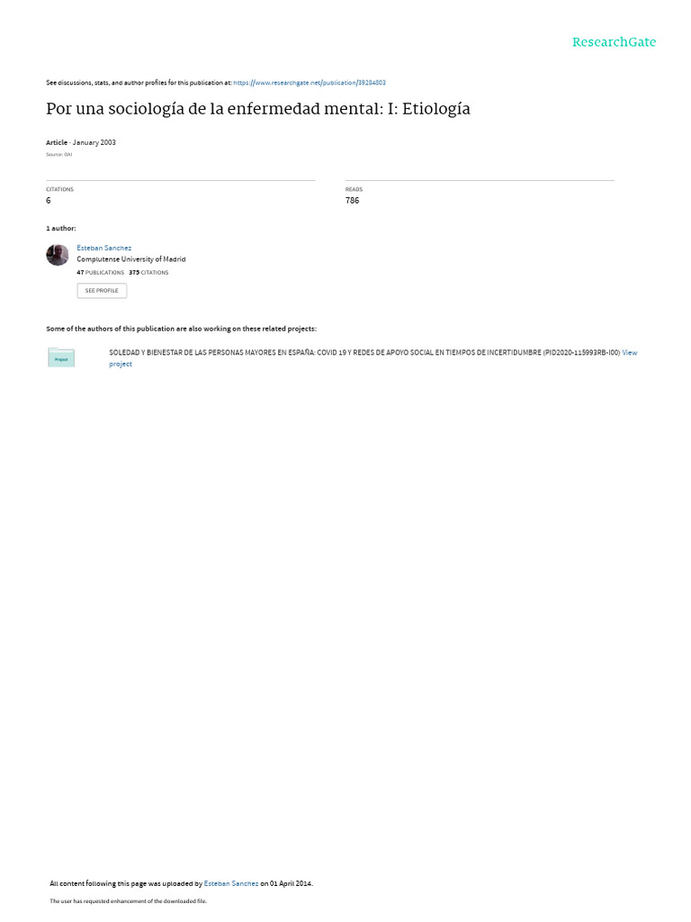 Por Una Sociologia de La Enfermedad Mental I Etiol | PDF