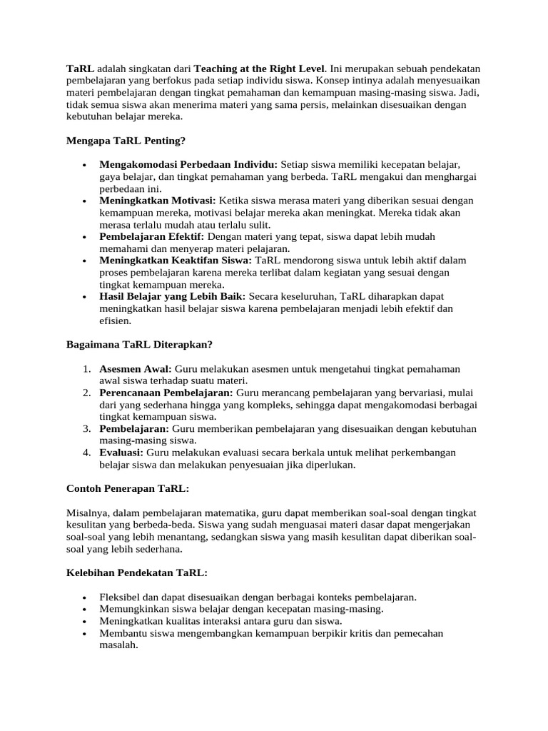 TaRL Adalah Singkatan Dari Teaching at The Right Level | PDF