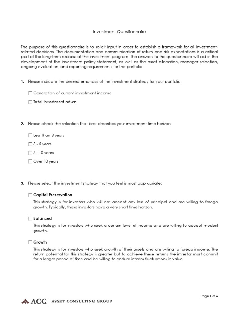 Investment Questionnaire Asset Consulting Group 2015 Policy Central ...
