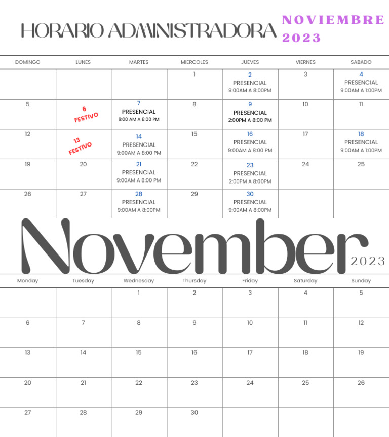 Elegant Monthly Planner November 2023 Calendar | PDF